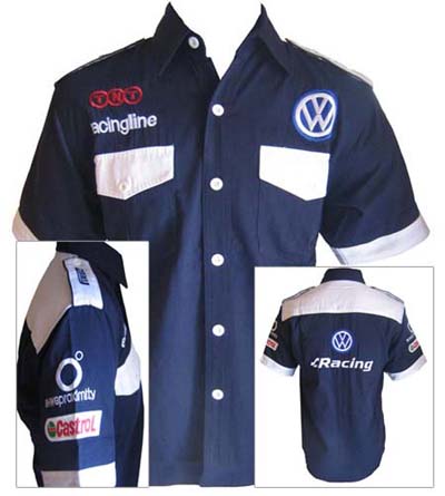 Race Car Jackets. VW Volkswagen Racing Crew Shirt Dark Blue and White